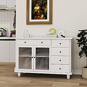 RASOO Buffet Cabinet White Modern Sideboard Cupboards with 2 Glass Doors Adjustable Shelf & 5 Drawers Farmhous Kitchen Storage Cabinet for Dining Living Room