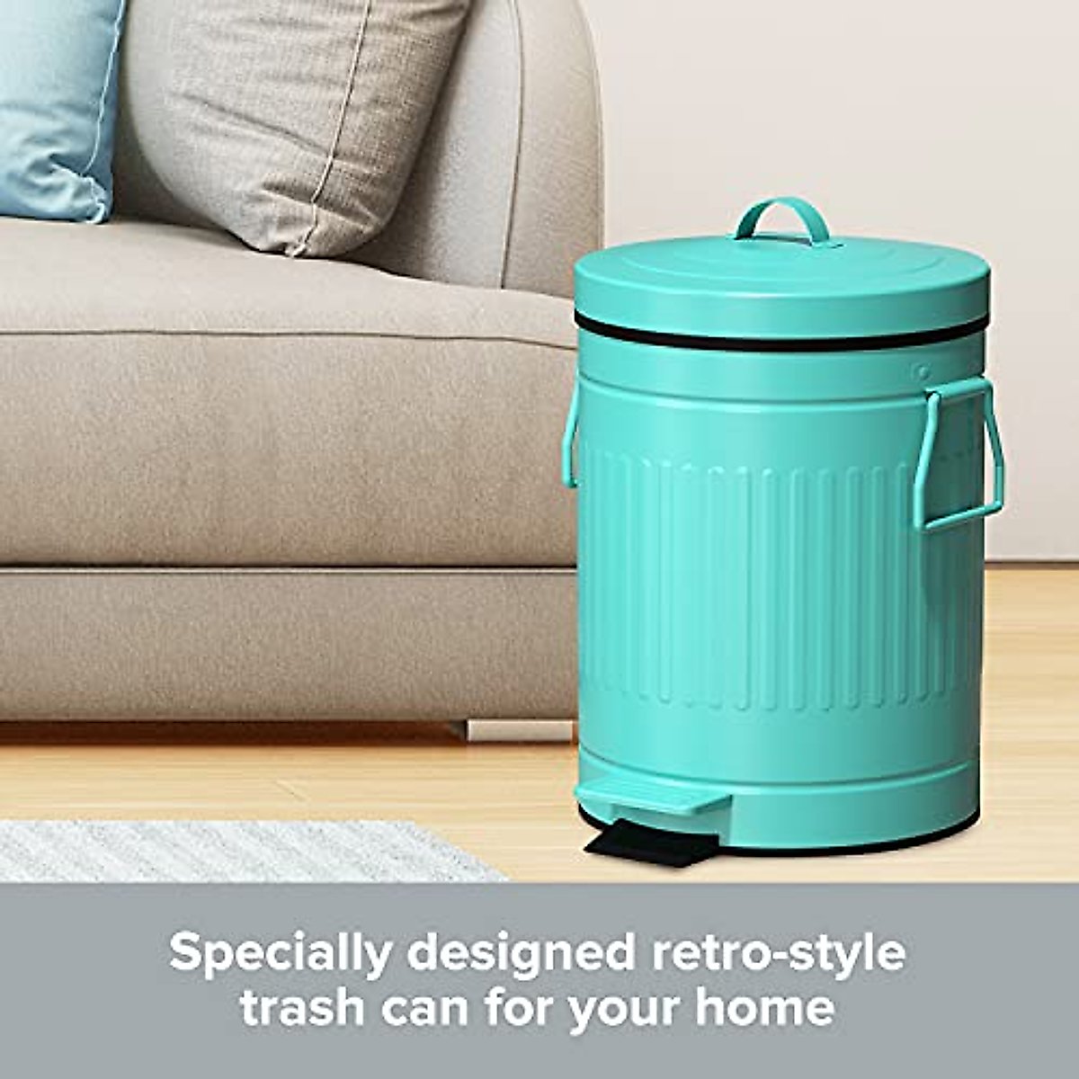 Retro Trash Can with Lid - 12L/3.2 Gal Step Trash Can w/ Soft Closing Lid - Round Garbage Can w/ Handles - Touchless Trash Can w/ Removable Garbage Guard Bucket - Outdoor Garbage Bin - Large Trash Can, Teal