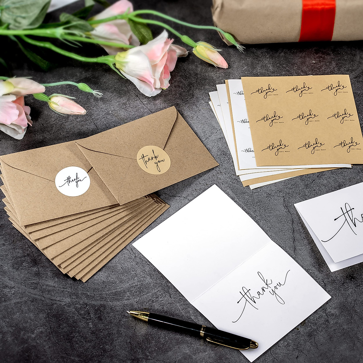 40 White Bulk Thank You Cards with Kraft Envelopes 4 x 6 in with stickers - 4 Minimalistic Designs Blank Thank You Notes with Envelopes Matt for business Wedding Bridal Baby Shower Business Graduation