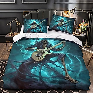 LENTLY Skull Guitar Bedding Set for Childrens and Adults Duvet Cover Set with Pillowcase 3D Print Hip Hop Rock Style Comforter Cover 3 Pieces Soft Microfiber Quilt Cover Twin（173x218cm）