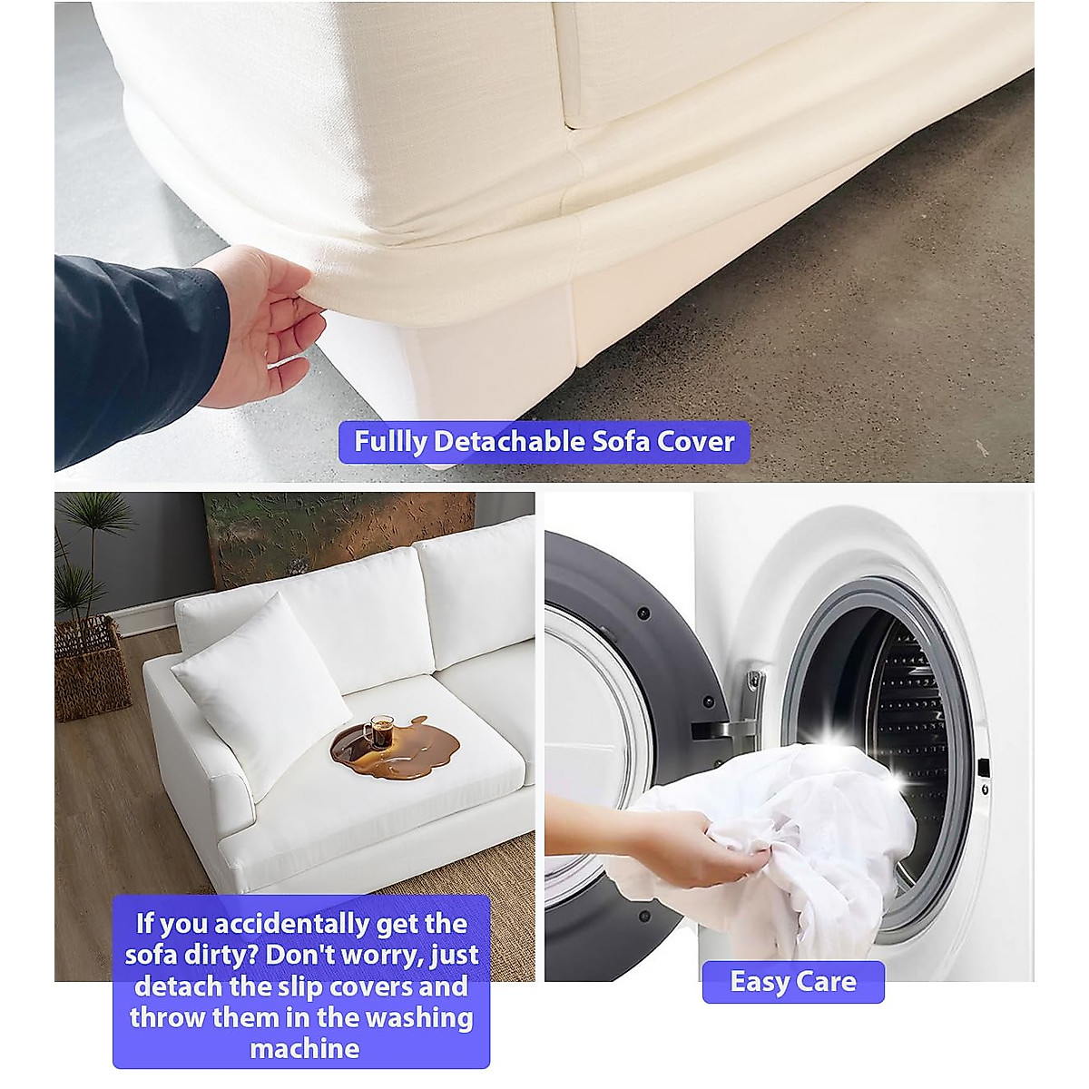 LULUTONG 84.2" Removable Covers Sofa, Comfy Slip Cover Sofas Couches, Upholstered Linen-Look Fabric, 3 Seater Cozy Couch Washable Covers for Living Room, Bedroom, Office, Studio, Apartment (White)