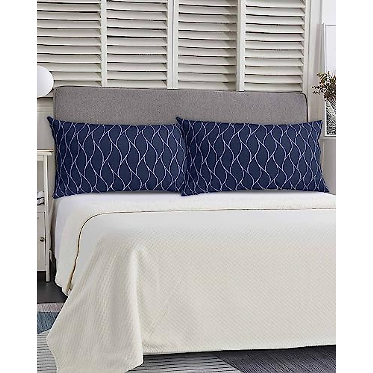 Edwiinsa Navy Blue Pillow Covers King Size 20x40 Bed Pillow, White Wave Pattern Modern Abstract Art Aesthetics Plush Soft Comfort for Hair/Skin Cooling Pillowcases with Envelop Closure