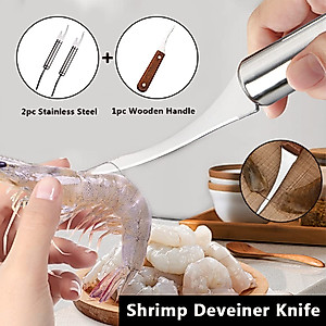 3pcs Shrimp Deveiner Tool — 5 in 1 Multifunctional Shrimp Fish Knife with 1 Wooden Prawn Peeler, 2 Stainless Steel Shrimp Peeler and Deveiner Tool, Seafood Shrimp Line Knife Kitchen Tool.
