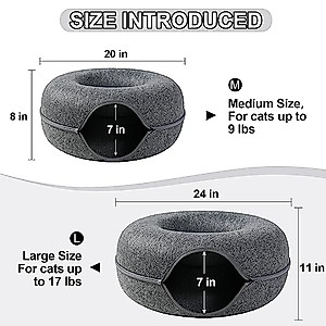 Bininl Cat Tunnel,Peekaboo Cat Cave Bed for Indoor Cats,Cat Donut Tunnel for Pet Cat House,Detachable Round Cat Felt & Washable Interior Cat Play Tunnel(24 Inch, Dark Grey)