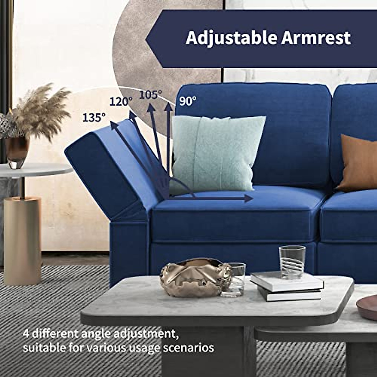 ZAFLY Sectional Sofa, 4 Seat Convertible Modular Blue Couch with Adjustable Backrest and Armrests I Shaped Sleeper Comfy Couches for Living Room
