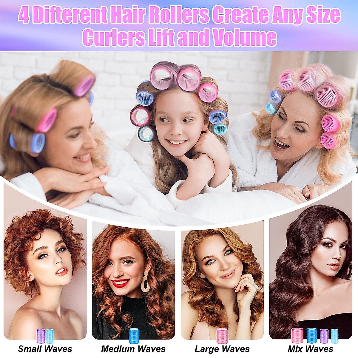 Cludoo Hair Roller Set of 60 PCS with Duckbill Clips, Includes 4 Sizes (Jumbo, Large, Medium, Small) and 4 Colors, for DIY or Hair Salon, Acrylic Material, for Long Medium Short Hair