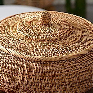 N/P Rattan Boxes with Lid Hand-Woven Multi-Purpose Wicker Tray with Durable Rattan Fiber Round 11 Inch Diameter Bread Basket