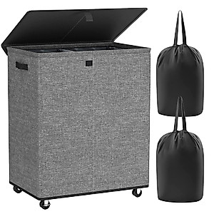 Chrislley Double Laundry Hamper with Wheels 160L Large Laundry Basket with Lid,Rolling Dirty Clothes Hamper 2 section with Removable Liner Bags, Collapsible Laundry Organizer for Bedroom, Dorm,Gray