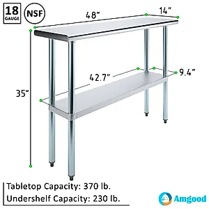 AmGood 14 in. x 48 in. Stainless Steel Work Table | Metal Kitchen Food Prep Table | NSF