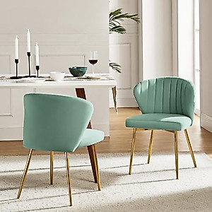 HULALA HOME Velvet Dining Chairs, Modern Small Armless Accent Chair with Gold Metal Legs, Living Room Upholstered Cute Side Chair, Elegant Tufted Back Vanity Chair for Bedroom/Beauty Room-SAGE