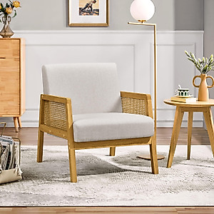 Yaheetech Beige Accent Chair, Armchair with Wood Legs, Mid Century Living Room Chair, Linen Fabric Lounge Chair for Bedroom Reading Room, Beige