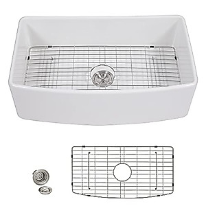 33 White Farm Sink - Fulorni 33"x20" Curved Apron Front Farmhouse Sink Single Bowl Ceramic Porcelain Fireclay Farmer Style Kitchen Sink Basin