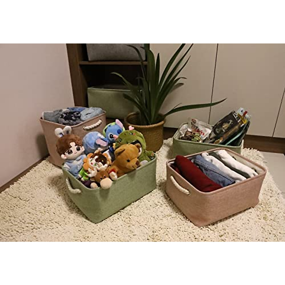 HARMOSO Collapsible Storage Basket (14Lx10.6Wx6.6H) Decorative Storage Bins with Handles Canvas Storage Baskets for Shelves Gift baskets organizing Toys Clothes Books (pink,3Pack)