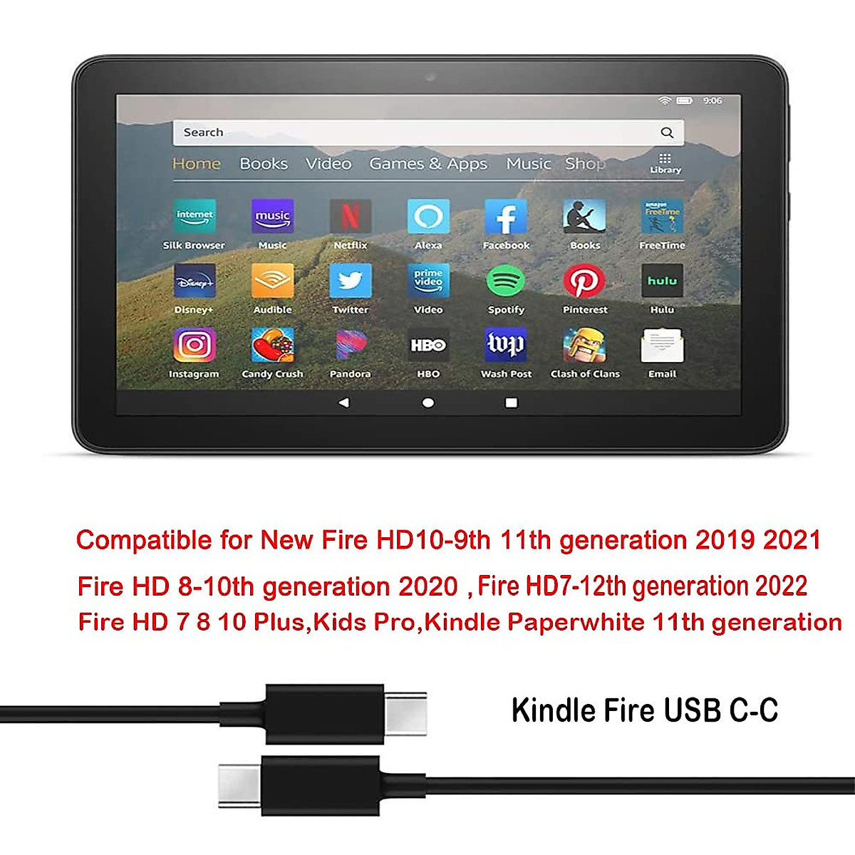 Made for Amazon,2 Pack-15W PD Fast Charger with 6.5Ft USB-C Cable Compatible with New Fire HD 7 8 10(2019-2022),Paperwhite 2021(Designed for use with USB-C Version Fire Tablets and Kindle E-Readers)