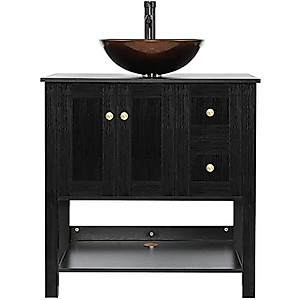 eclife 32" Bathroom Vanity Sink Combo Black Cabinet Vanity Brown Round Tempered Glass Vessel Sink & 1.5 GPM Water Save Faucet & Solid Brass Pop Up Drain (A09 V004)