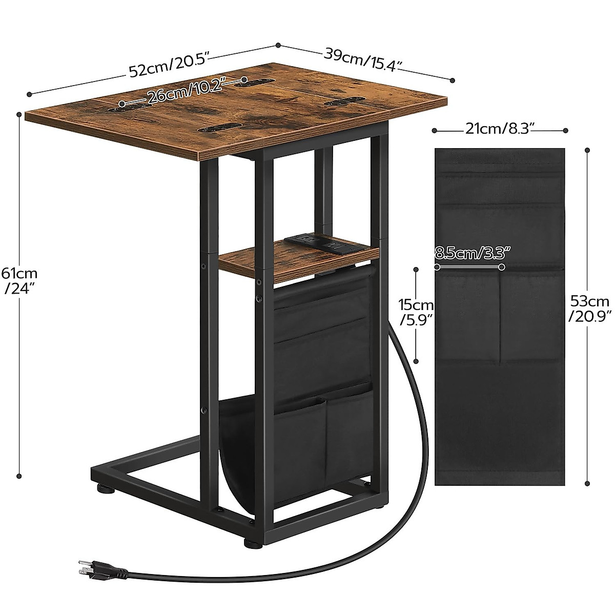 HOOBRO C Shaped Side Table with Charging Station, Foldable End Table with Storage Bag, Sofa Couch Table Snack Table for Small Space in Living Room, Bedroom, Rustic Brown and Black BF101USF01