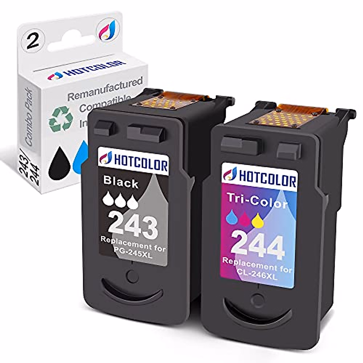 HOTCOLOR Printer Ink 243 244 Replacement for Canon Ink 243 and 244 PG 243 CL244 for Canon PIXMA TR4520 MX492 MG3020 MG2520 (1Black/1Tri-Color, 2Pack)