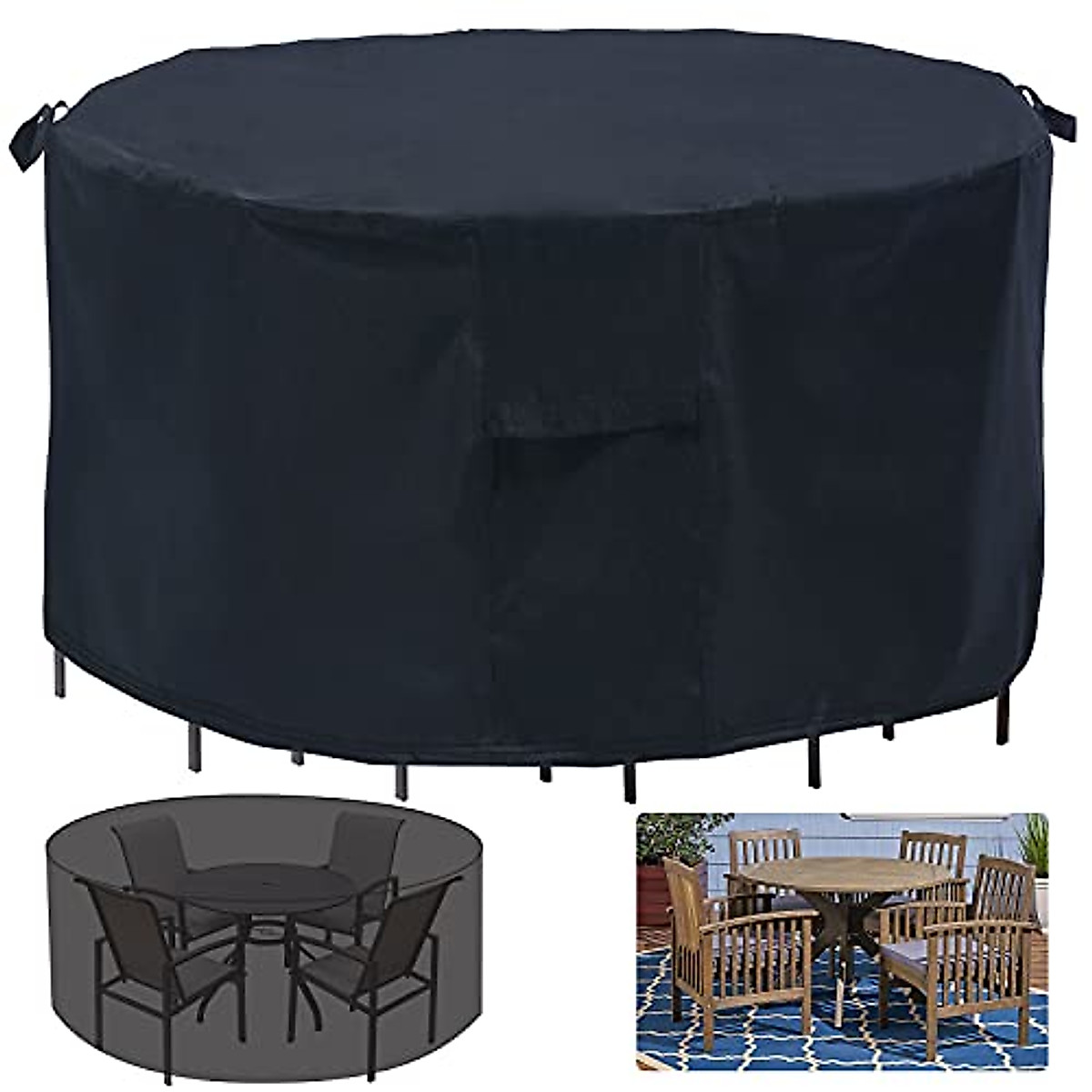 PATIOPTION Round Patio Table Covers, Patio Furniture Set Covers 600D 62'' Outdoor Furniture Covers Waterproof Garden Table Chairs Set Covers Heavy Duty Cover UV Resistant Dustproof Anti-Fading Cover