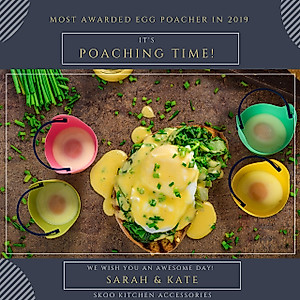 Egg Poacher - Skoo Silicone Egg Poaching Cups + Lids + Ebook - Egg Cooker Set - Perfect Poached Egg Maker - For Stove Top, Microwave and Instant Pot (Green, Red, Yellow, Turquoise, Dark Blue)