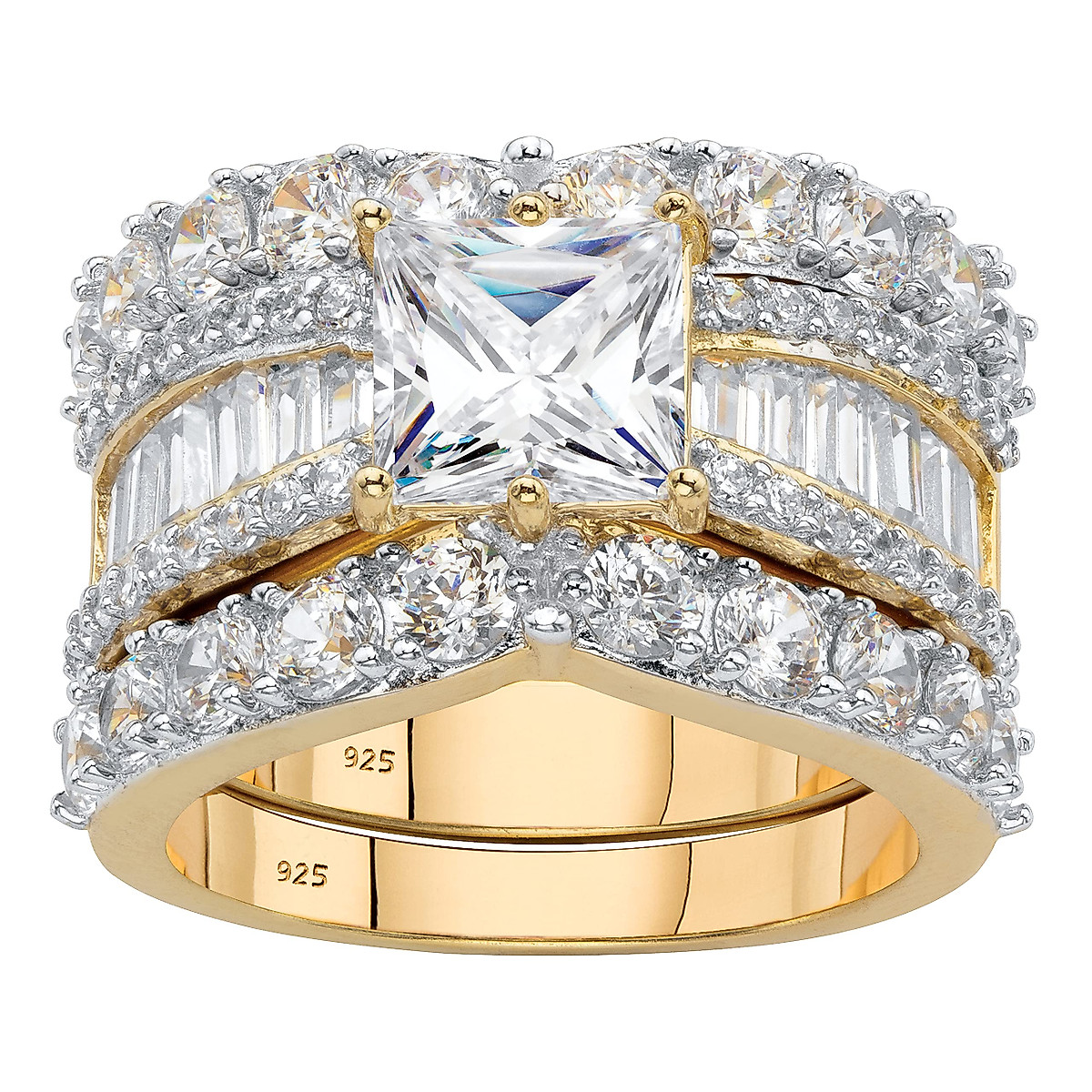 PalmBeach Yellow Gold-Plated or Platinum-Plated Sterling Silver Princess Cut Cubic Zirconia Bridal Ring Set Size 6