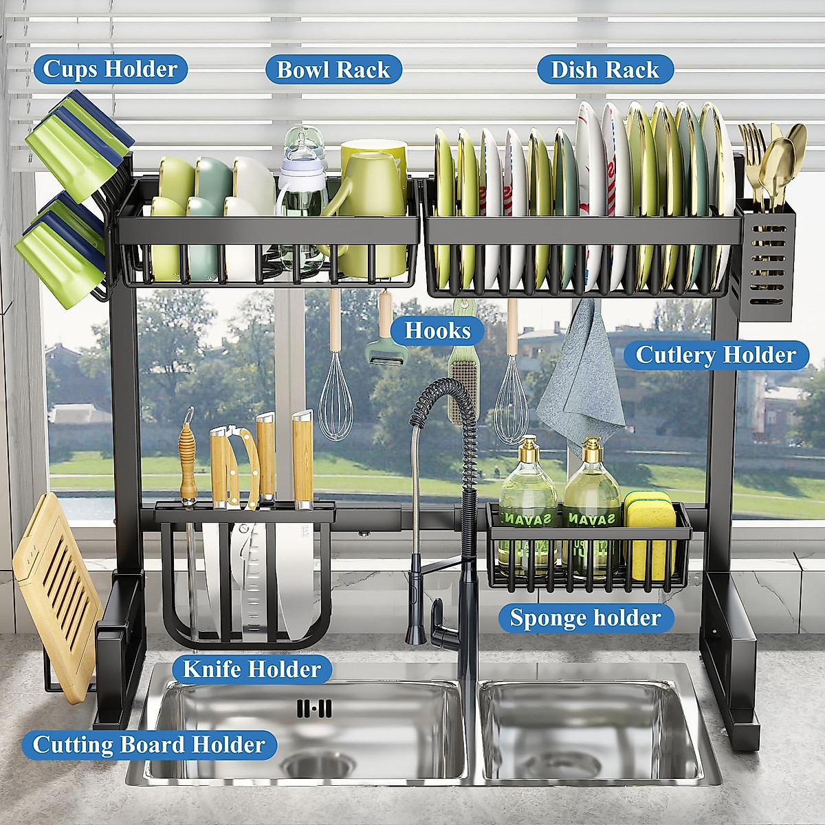 Dish Drying Rack, Over The Sink Dish Drying Rack Length Adjustable (From 33.8" to 41.5"), 2 Tier Large Dish Rack with Cup Holder Utensil Holder Caddy, Kitchen Counter Dish Drainer Organizer, Black