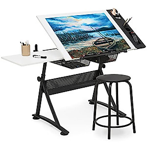 MoNiBloom Height-Adjustable Drafting Table, Tiltable Tabletop Drawing Table Adult Art Craft Work Station w/Stool for Reading Writing Painting, Homeschooling Desk for Children with 2 Storage Drawers