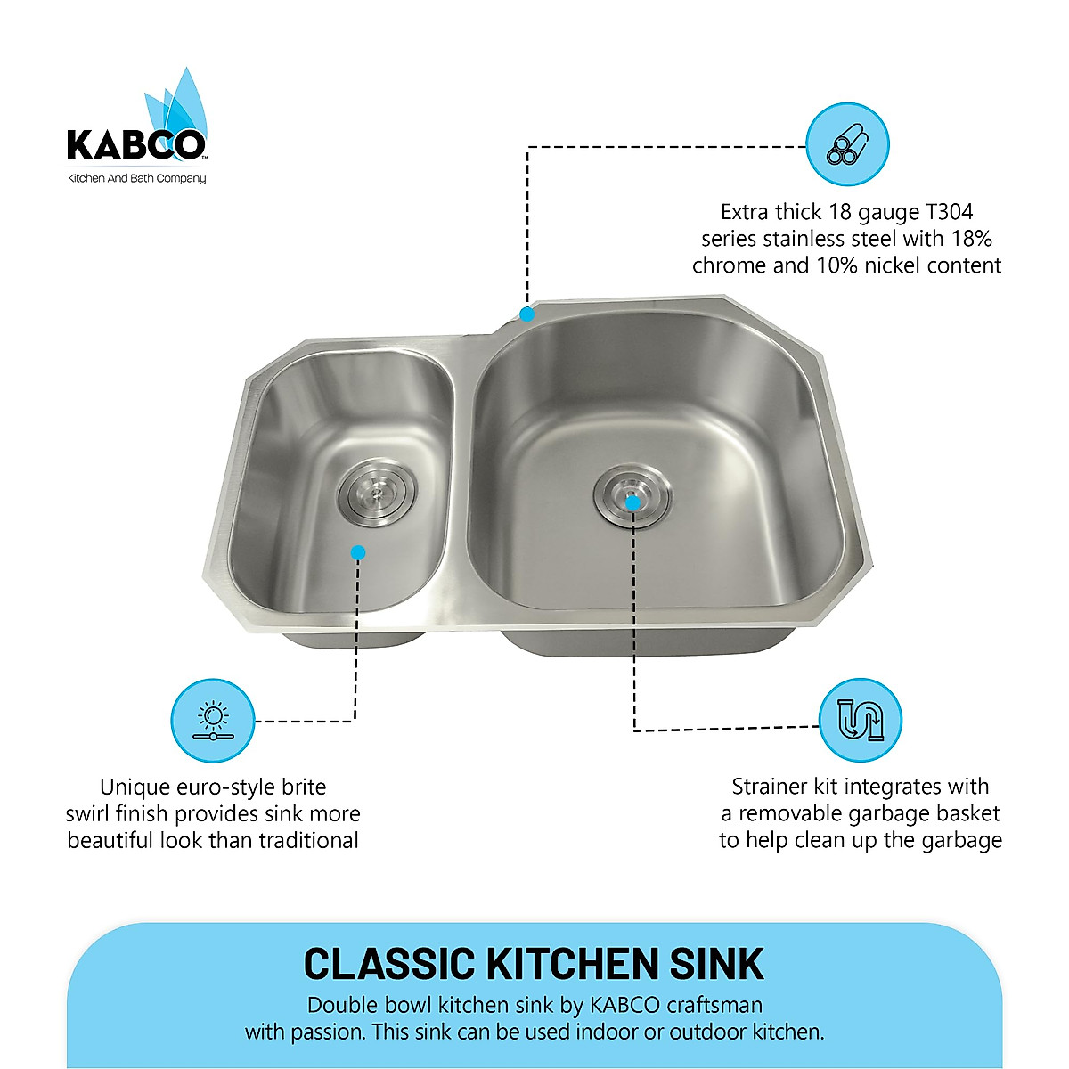 KABCO Staineless Steel Classic Kitchen Sink, Extra Thick 18 Gauge Undermount Rust, Sound and Heatproof Sink (UD113RSSG)