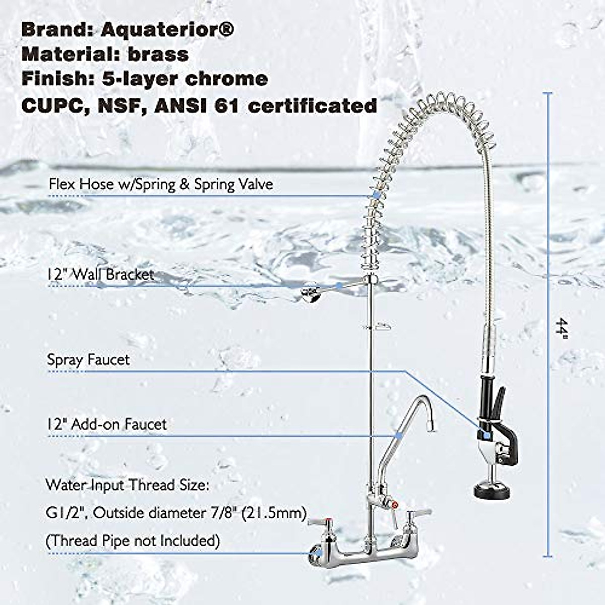Aquaterior 44" Height Wall Mount Commercial Kitchen Pre Rinse Faucet Restaurant Sink Sprayer Faucets with Add-on Riser 12Inch Rotatable Spout CUPC NSF CEC