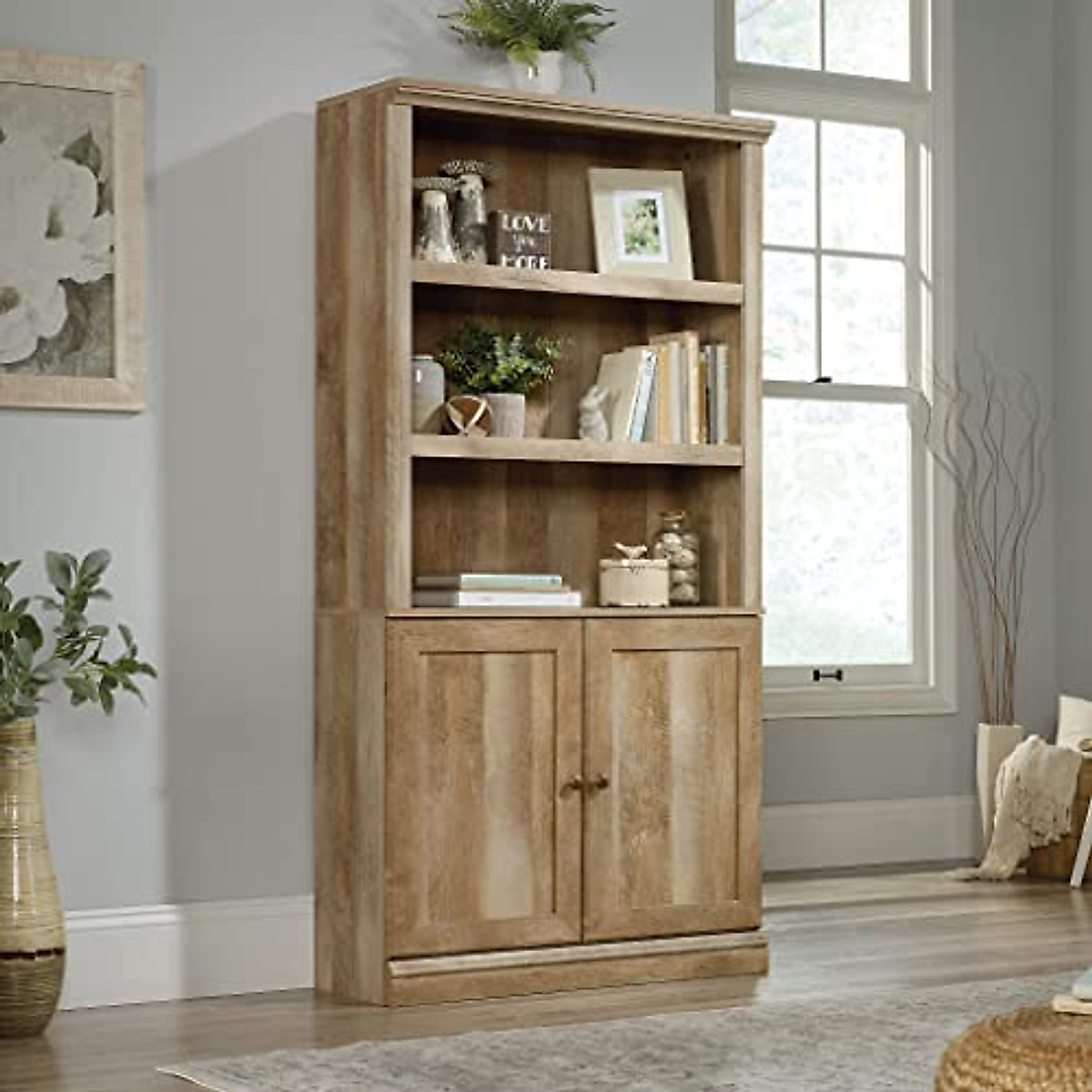 Sauder Miscellaneous Bookcase with Doors, L: 35.28" x W: 13.23" x H: 69.76", Lintel Oak finish