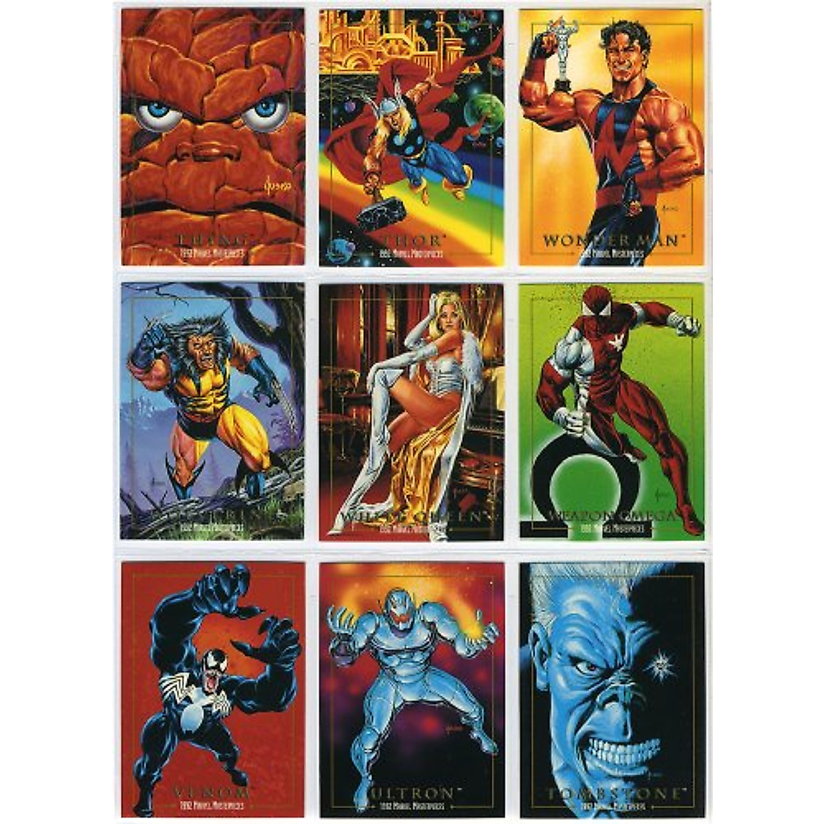 1992 SkyBox Marvel Masterpieces Series-1 New 100-Card Complete Base Set Plus 5-Card Spectra Foil Chase Set in Collector Pages