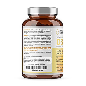 Purity Labs Vitamin D3 + K2 - Immune Support Supplement Enhanced with Bioperine - Vegan Supplements for Daily Defense, Bone, Muscle, and Skin Health - 120 Capsules