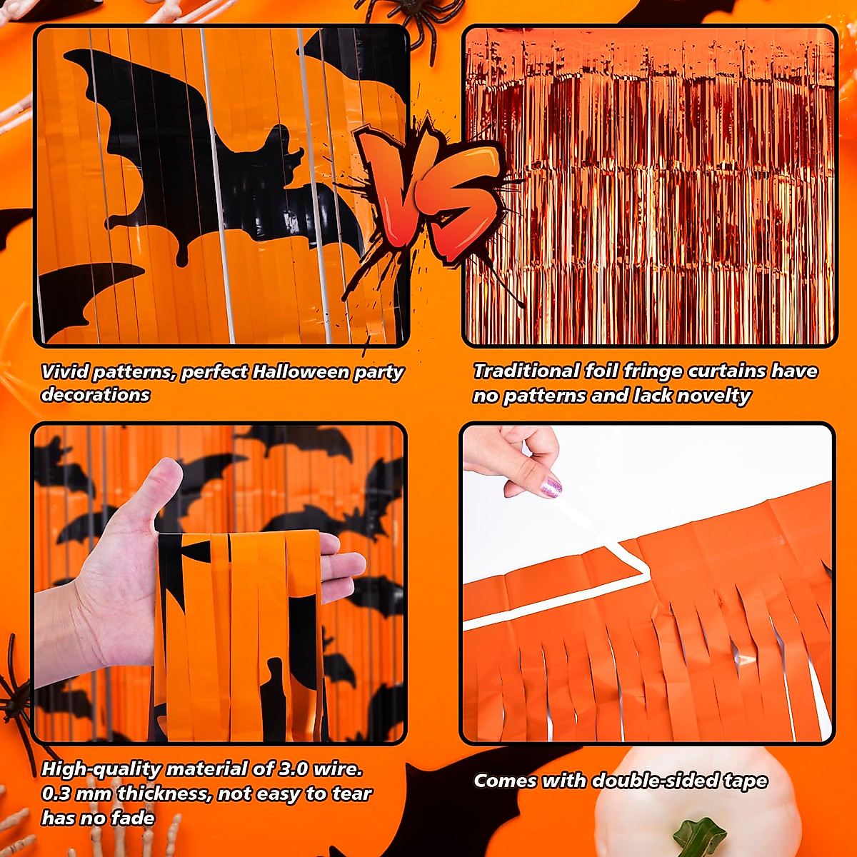 Mega-L Halloween Party Decorations, 2 Packs Black Bat Pattern Orange Background Photo Booth Props, 3.3 x 6.6 ft Halloween Foil Fringe Curtains, Halloween Photo Backdrop Streamers Party Supplies
