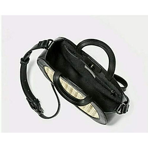 A New Day Round Crossbody Bag Purse Handbag Black Faux Leather & Woven Straw, 8" x 8"