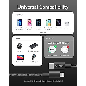 Anker New Nylon USB-C to Lightning Charging Cord (1ft, Black) 525 Power Bank (PowerCore 20K) for iPhone 13 13 Pro 12 Pro Max 12 11 X XS XR 8 Plus, AirPods Pro and More