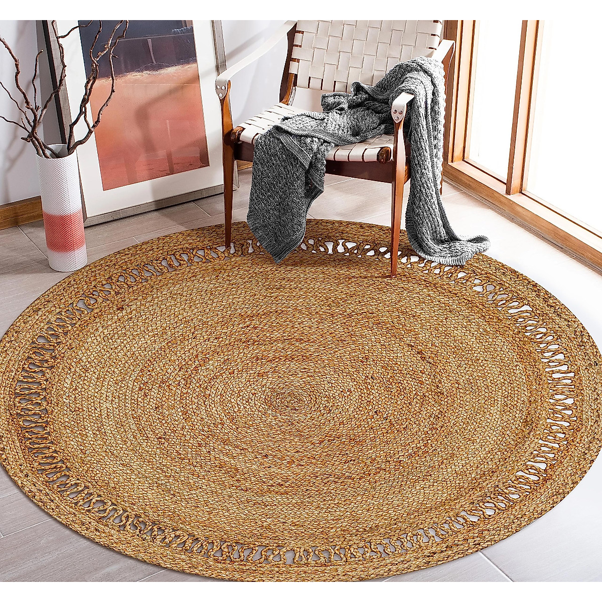 Bedding Craft Hand Woven Farmhouse Jute Area Rug 4 Ft Round Natural Yarn, Rustic Vintage Beige Braided Reversible Rug, Eco Friendly Rugs for Bedroom, Kitchen, Living Room, Farmhouse 100% Jute Rug