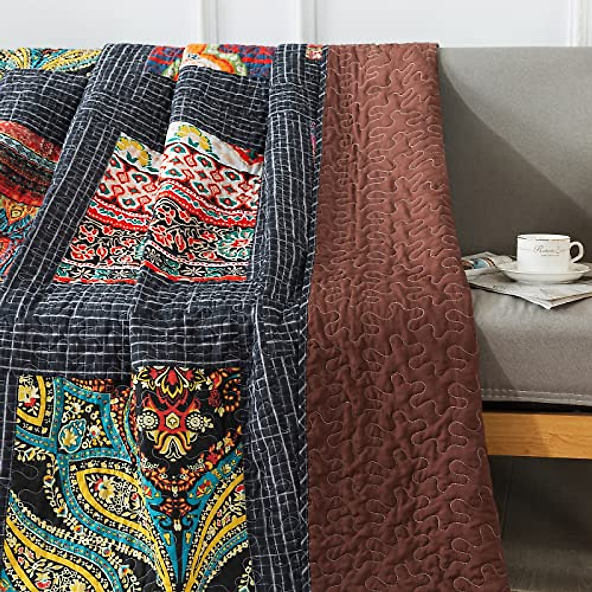 Travan Real Patchwork Quilted Throw Blanket Retro Cotton Blanket for Bed Couch Sofa (Lush Style, Throw Blanket), 60 x 78Inch