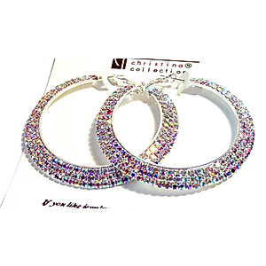Large Crystal Iridescent Rhinestone Hoop Earrings 2.5 Inch ABS Rhodium Crystal Hoop Earrings