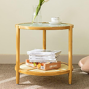 Gdrasuya10 Modern Bamboo Side Table End Table, 2 Tier Round Side Table with Rattan Shelf Glass Tabletop Accent Table Night Stand Bohemia Style for Living Room Balcony (22 inch)