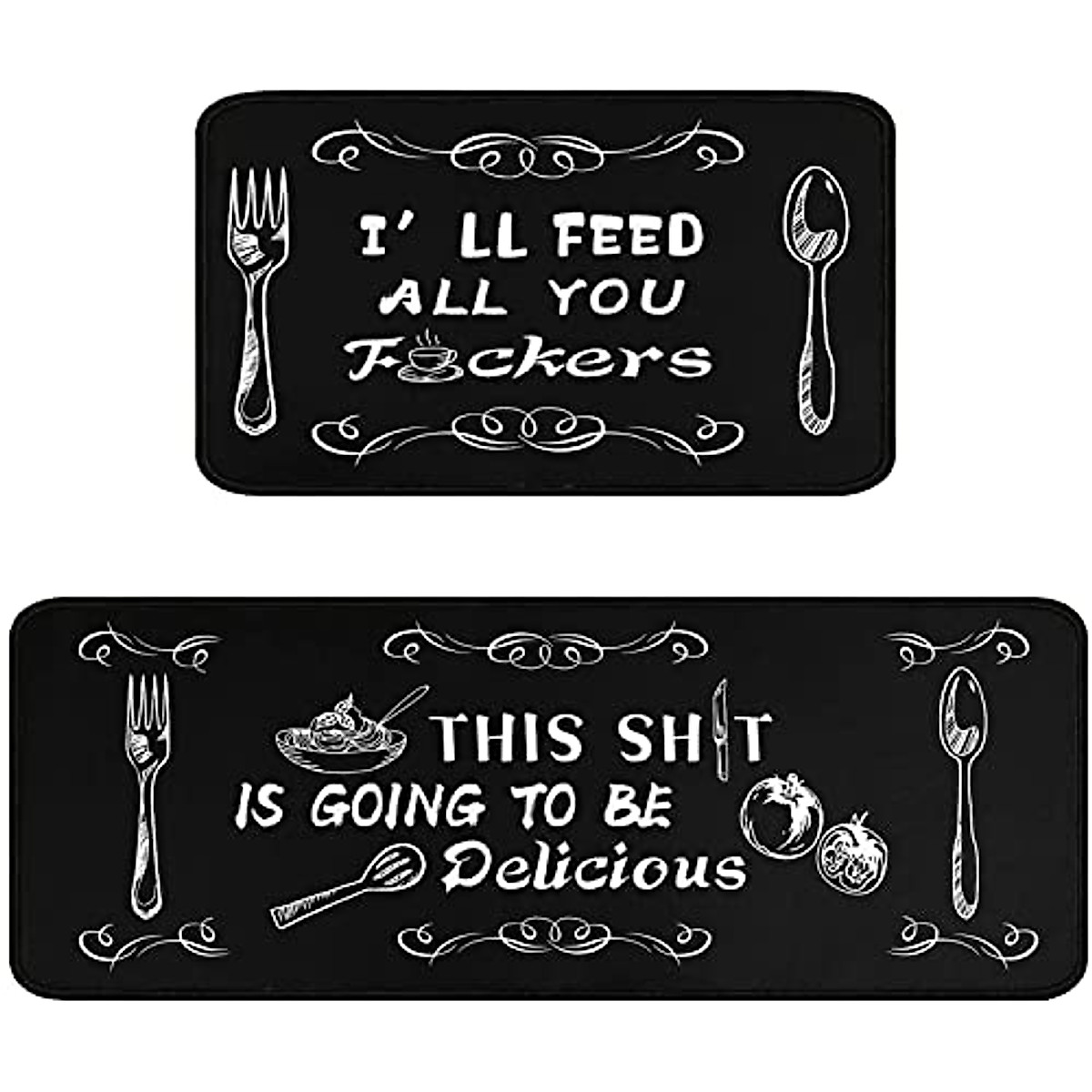 Faptoena Black Kitchen Rugs and Mats Sets of 2, Funny Kitchen Decoration Rubber Backing Non-Slip Absorbent Mats for Sink Waterproof Runner Rug for Laundry Room 17x30+17x48inch