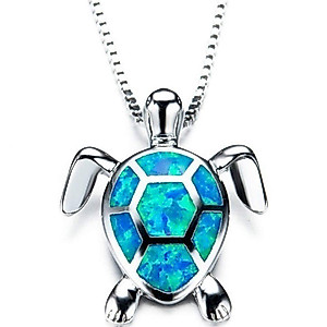 Jude Jewelers White Gold Plated Simulated Opal Small Turtle Pendant Statement Necklace (Blue)