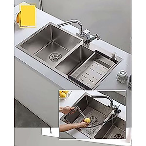 Kitchen Double Sink, 304 Stainless Steel Thickened Sink，with Pull-out Faucet and Spray Faucet，Drain Basket,Wash Basin