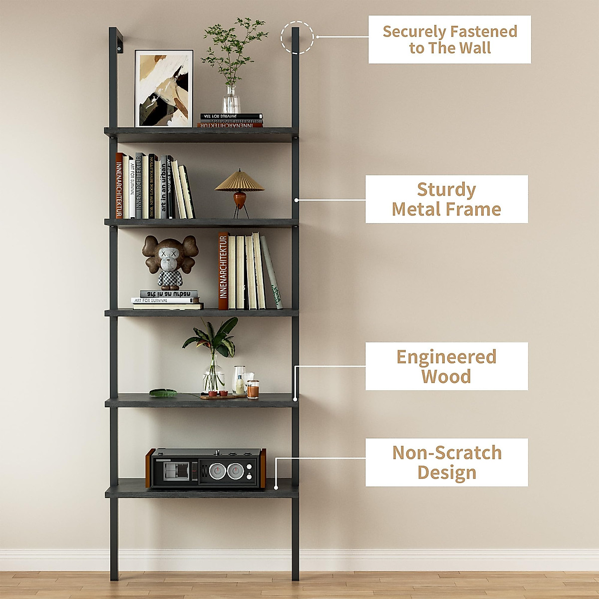 Flamaker 5-Tier Bookshelf Industrial Wall Mount Ladder Bookshelf, Wood Board and Metal Frame, Modern Tall Narrow Storage Organizer for Home Office (Black)