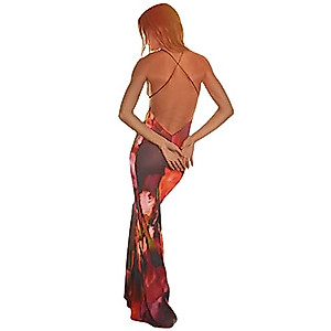 XPONNI Backless Spaghetti Strap Maxi Dresses for Women, Red Satin Tie Dye Bodycon Dress Y2k, Sexy Party Dress with Lace Strap (Medium,Medium)