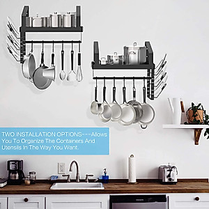 X-cosrack Pot Racks Wall Mounted Set of 2,with Towel Bar and Pots Pans Lids Organizer, Kitchen Cookware Hanging Shelves with 12 Hooks, Black