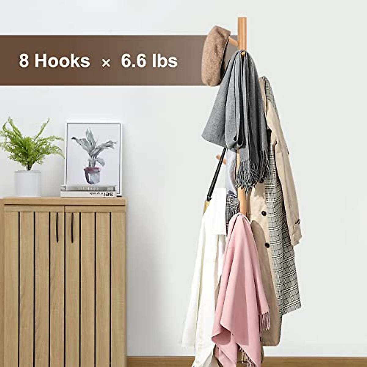 EuroBird Sturdy Wooden Coat Rack Freestanding - Adjustable Coat Rack Stand with 4 Sections & 8 Hooks, Easy Assembly Coat Tree for Coats, Hats, Purse, Entryway, Hallway, Bedroom, Office, etc