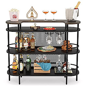 Tribesigns Bar Unit for Liquor, 4 Tier Bar Table with Storage Shelves and Foot Rail, Corner Mini Bar Cabinet with Wine Glasses Holder for Home/Kitchen/Bar/Pub, Black and Walnut
