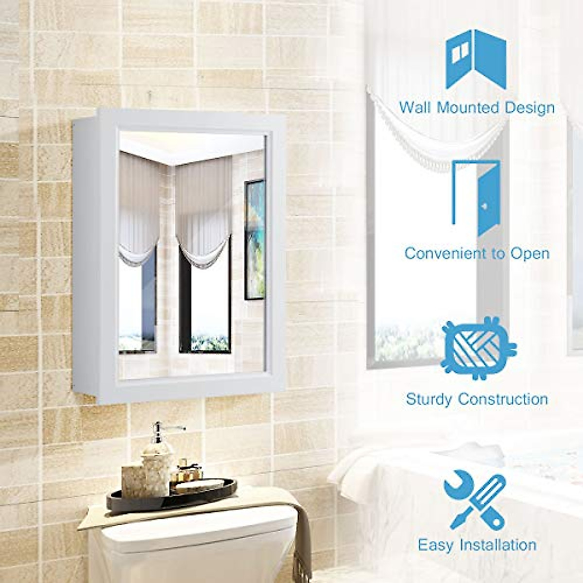 Casart Mirror Medicine Cabinet W/Single Door and Inner Adjustable Shelf in 3 Heights Storage Organizer for Bathroom, Vestibule, Bedroom Wall Mount Bathroom Cabinet,White