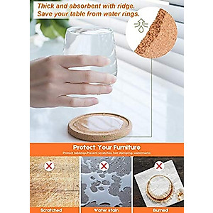 Geobom Natural Lip Cork Coasters for Drinks with Grooved Round Edge Set of 2 Absorbent Heat & Water Resistant Reusable Durable Saucers Bar Glass Cup & Mug Housewarming Gift (2)