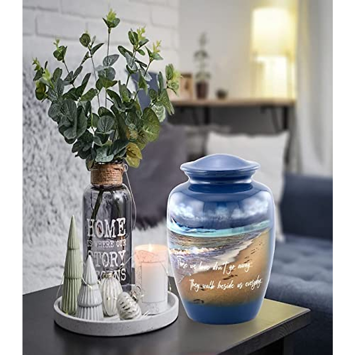 Footprints Urn, Footprints Cremation Urn for Ashes, Hand Painted Adult Beach Urn, Handmade Beach Cremation Urn with Velvet Bag (Large)