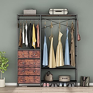 Auromie Clothes Rack with 5 Drawers & 4 Storage Shelves, 59.1W*70.9H Heavy Duty Clothing Rack with 2 Hanging Rods, Wardrobe Closet Organizer System with 5 Hooks, Freestanding Garment Rack (Rustic)